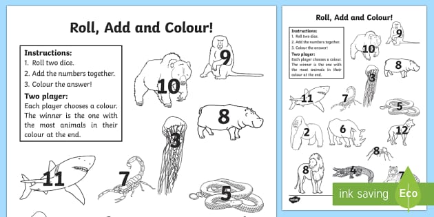 Dangerous Animals Roll, Add and Colour (teacher made)