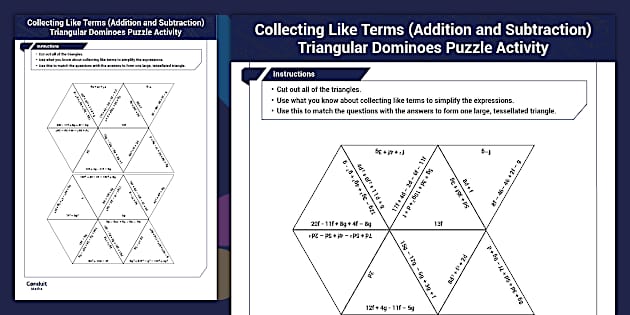 Collecting Like Terms (+ and -) Triangular Puzzle Activity
