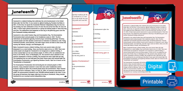 Seventh Grade Juneteenth Reading Comprehension Activity