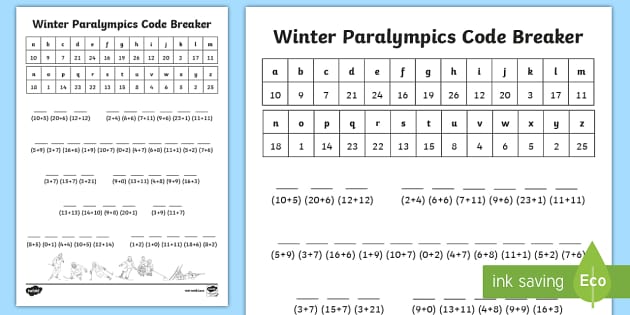 KS1 Winter Paralympic Games Code Breaker Worksheet