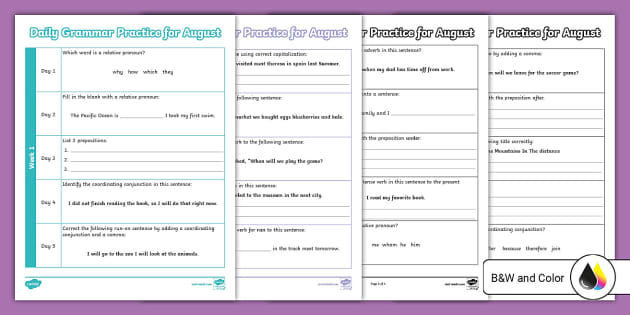Fourth Grade Grammar Daily Grammar Practice for August