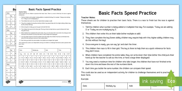 Basic Maths Facts Speed Test Mathematics Primary