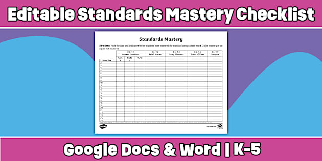 Editable Standards Mastery Checklist Google Docs & Word
