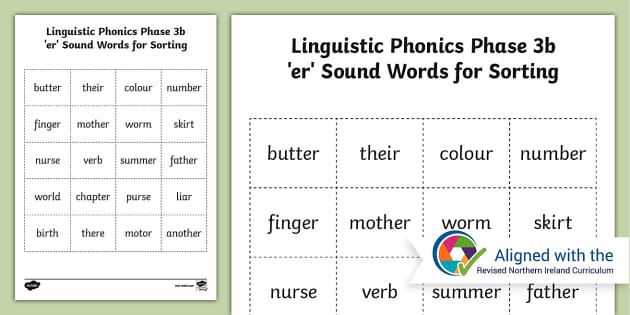 Northern Ireland Linguistic Phonics Phase 3b 'er' Sound Words for Sorting