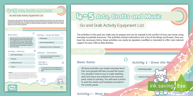 Age 4-5 Arts Crafts and Music Go and Grab Equipment List
