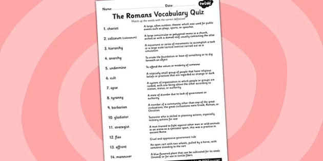 Ancient Rome Vocabulary and Definition Matching Worksheet - romans