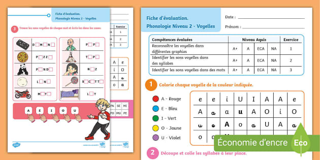 Fiche d'évaluation Niveau 2 - Voyelles - Twinkl