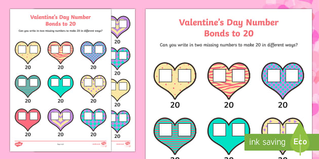 Valentine's Day Heart Number Bonds to 20 Worksheet / Worksheet