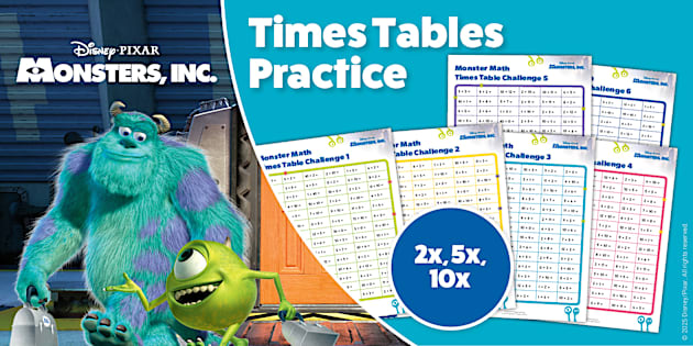 Monsters, Inc.:Times Tables 2x, 5x, 10x Challenge Worksheets
