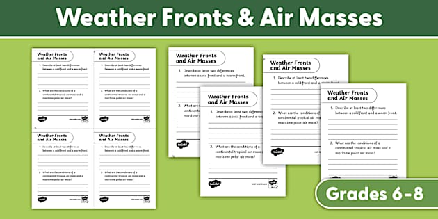 Weather Fronts and Air Masses Exit Ticket for 6th-8th Grade