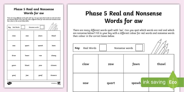 Phase 5 'aw' Words Worksheet - Real and Fake Words Colouring