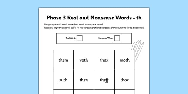 Phase 3 th Colour by Phoneme Real and Nonsense Words Worksheet / Worksheet