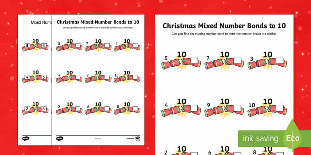 Christmas Themed Mixed Number Bonds to 10 Worksheet / Worksheet