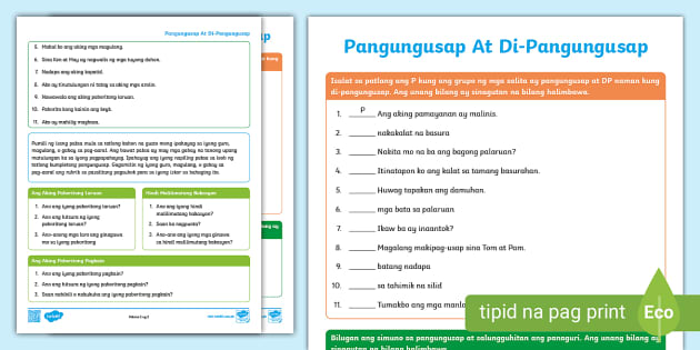Pangungusap At Di Pangungusap Activity Sheet Unang Baitang Grade 1
