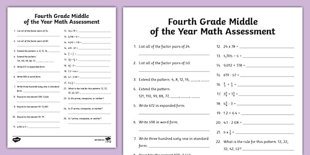 Fourth Grade Middle of the Year Math Assessment - Twinkl