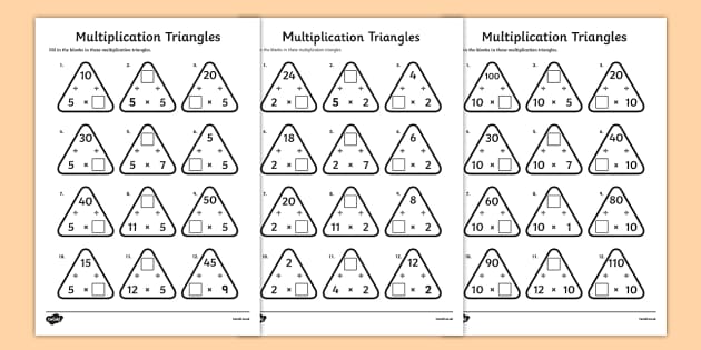 Multiplication Triangles Worksheet / Activity Sheet 2 to 12