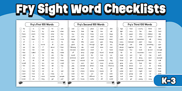 Fry Sight Word Checklists for K-3rd Grade