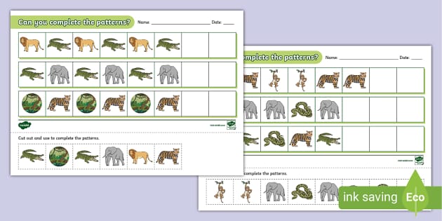 Jungle Themed Complete the Pattern Worksheet Differentiated