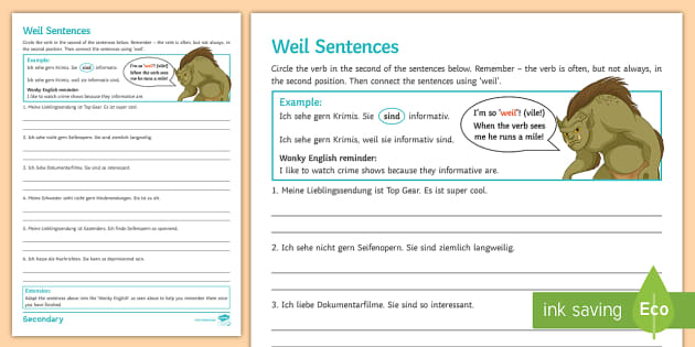Conjunction Practice Using 'Weil' Worksheet / Worksheet German