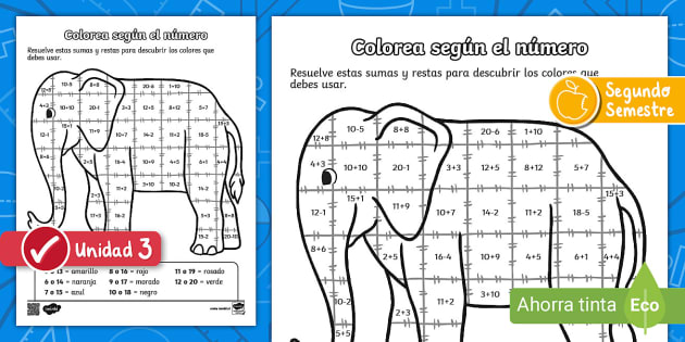 Hoja de Trabajo: Colorea con Sumas y Restas numeros hasta 20