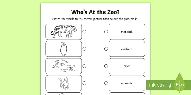 Who's At the Zoo? Word and Picture Matching Worksheet