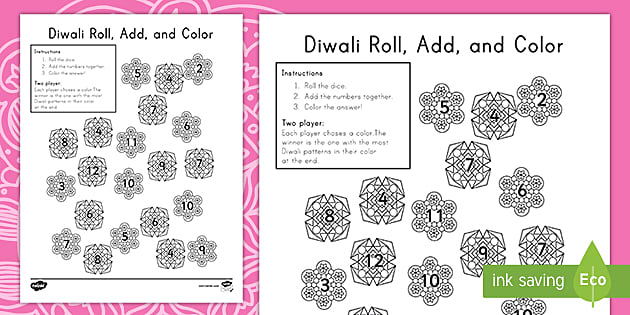 Diwali Roll, Add, and Color Activity - Math Resource - Twinkl