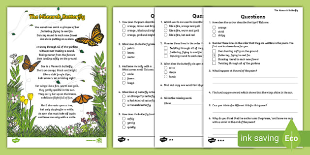Monarch Butterfly Poem Reading Comprehension - KS1 - Twinkl