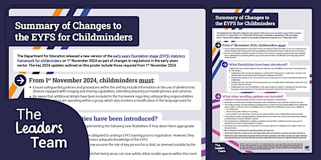 Summary of the Early Years Foundation Stage (EYFS): Regulatory Changes for