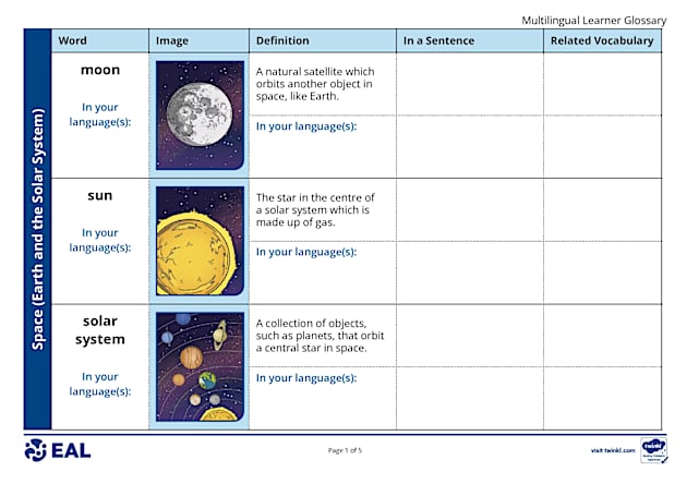 Scaffolding Space (Earth and the Solar System) for Older EAL Learners