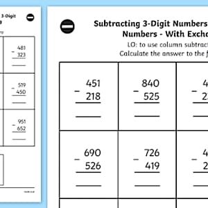 3 Digit Column Subtraction - Year 3 Worksheet