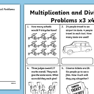 Y3 Multiplication & Division Word Problems ×3 ×4 ×8 Sheet
