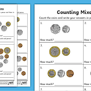 Counting Mixed Coins Worksheets