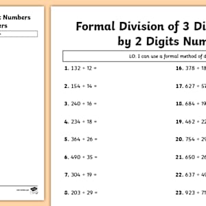 Formal Division of 3 Digit Numbers by 2 Digit Numbers Worksheet