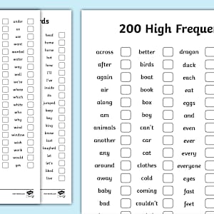 200 High Frequency Words Checklist - Word Recognition