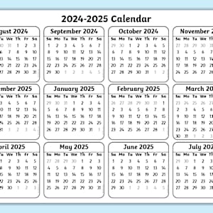 Academic Year 2024-2025 Calendar (Sunday-Saturday) - Twinkl