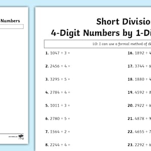 Short Formal Division of 4 Digit Numbers Worksheet / Worksheet