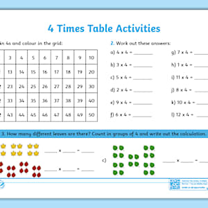 4 Times Table Worksheet - Maths - KS2 - Twinkl