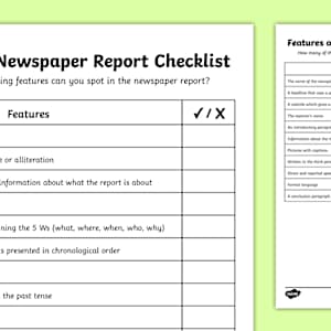 Features of a Newspaper article Checklist - Twinkl