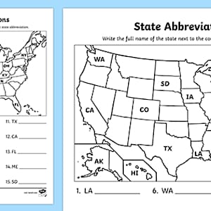 United States Abbreviations Map Worksheet for 3rd-5th Grade