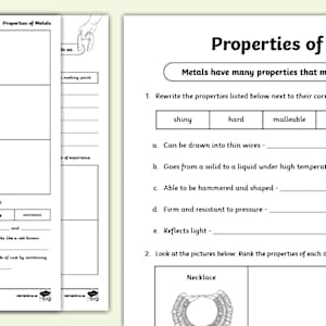 Properties of Metals Worksheet - Grade 5 - South Africa