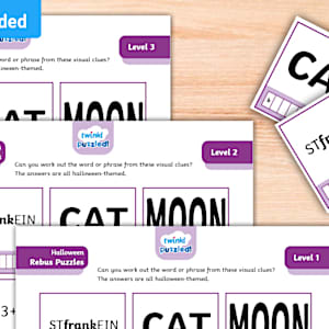 Fun Halloween Rebus Puzzles Cards Pack - Twinkl Puzzled