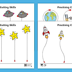Space-Themed Scissor Skills Worksheet / Worksheet Pack