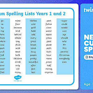 New Curriculum Spellings for Year 1 and 2