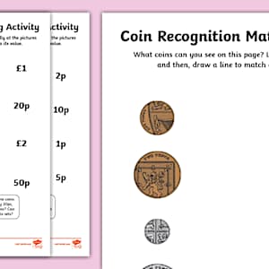 Coin Recognition Matching Worksheets