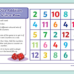 Four-in-a-Row Dice Addition Game - Classroom Resource