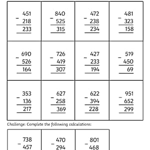 3 Digit Column Subtraction - Year 3 Worksheet