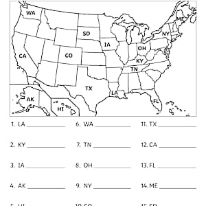 United States Abbreviations Map Worksheet for 3rd-5th Grade