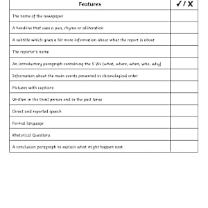 Features of a Newspaper article Checklist - Twinkl