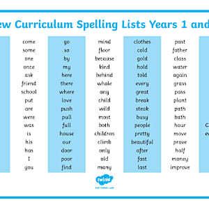 New Curriculum Spellings for Year 1 and 2