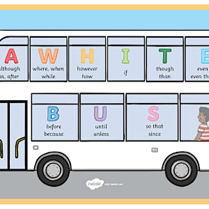 A WHITE BUS Conjunctions and Adverbials for Cohesion Display Poster